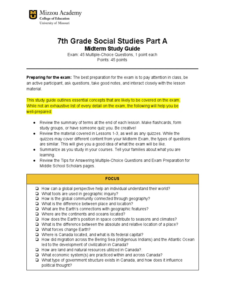 7th Grade Social Studies Midterm Guide | PDF | Geography | Canada