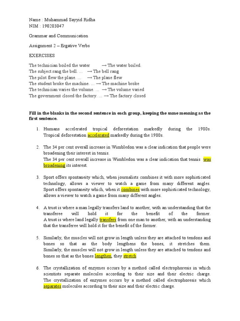 Ergative Verbs: Exercises & Analysis | PDF | Water Vapor | Water