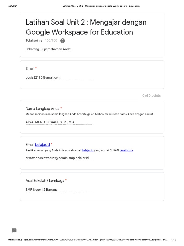 Latihan Soal Unit 2 - Mengajar Dengan Google Workspace For Education | PDF