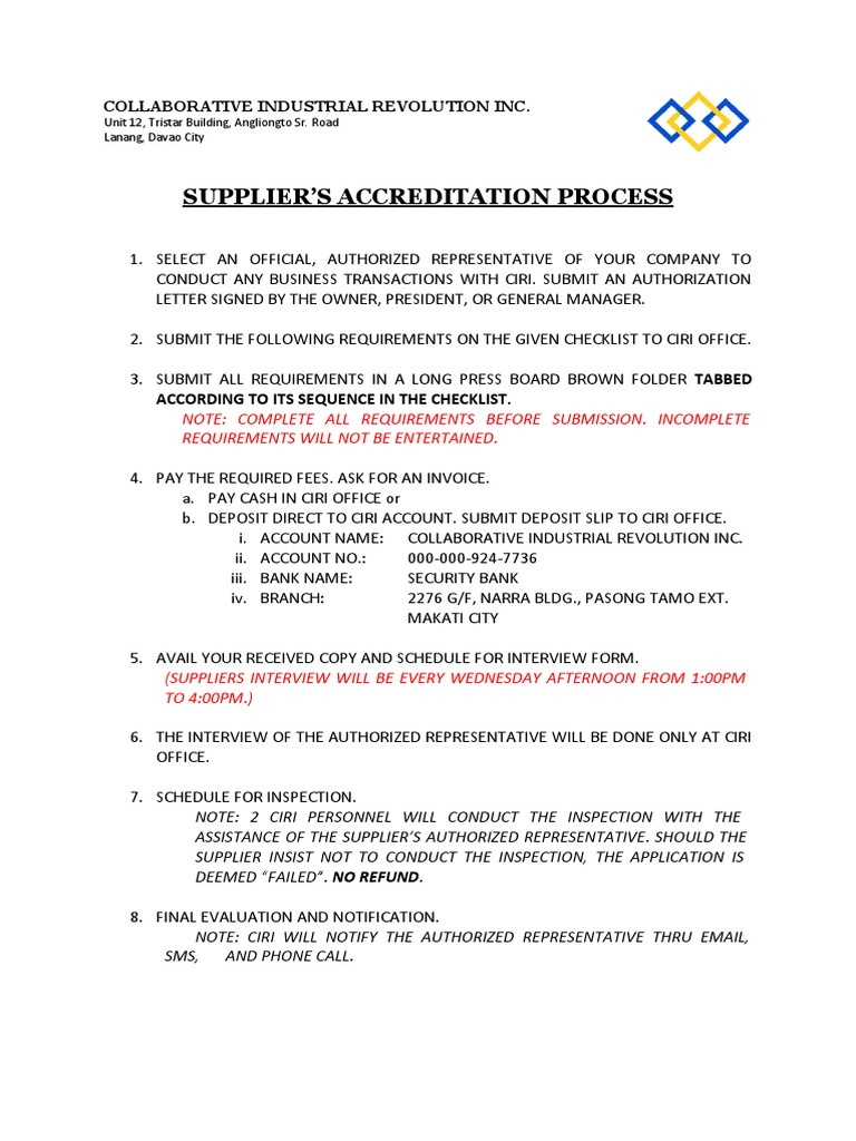 Supplier'S Accreditation Process: According To Its Sequence in The Checklist | PDF
