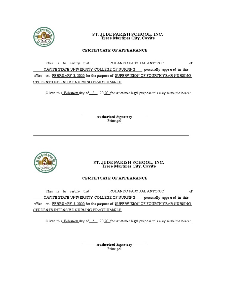 St. Jude Parish School, Inc. Trece Martires City, Cavite: Certificate of Appearance | PDF ...