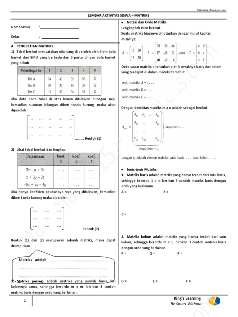 Lembar Aktivitas Siswa Matriks | PDF