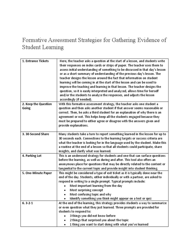 Formative Assessment Techniques | PDF | Reading Comprehension ...