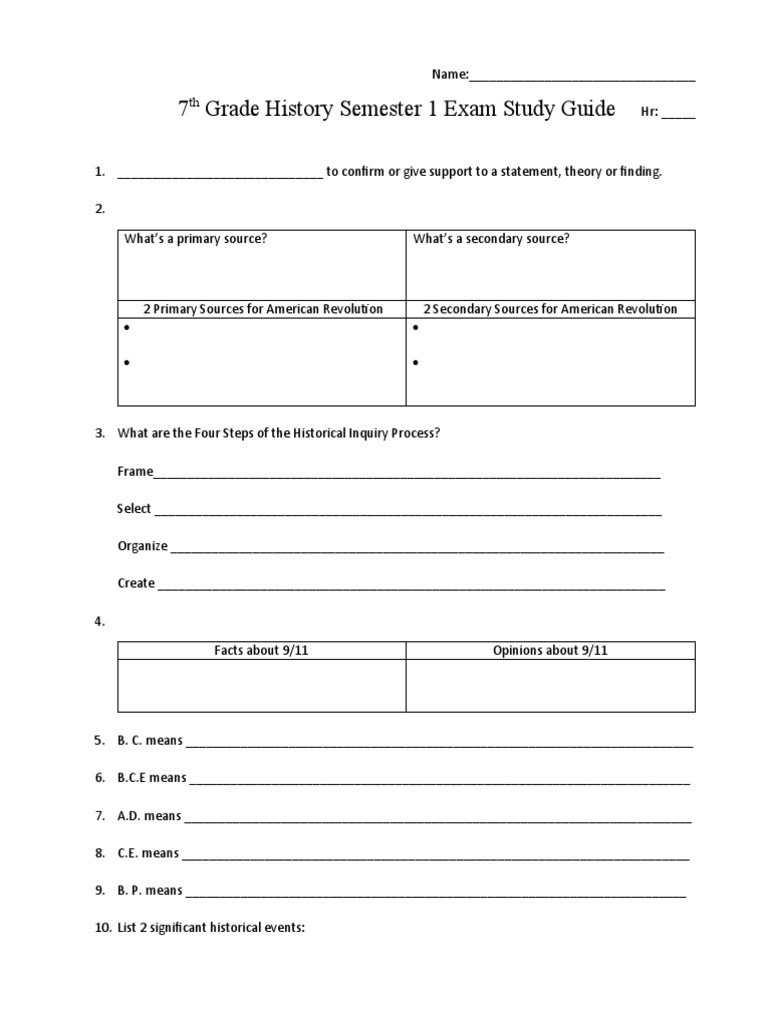 7 Grade History Semester 1 Exam Study Guide | PDF | Stone Age | Common Era