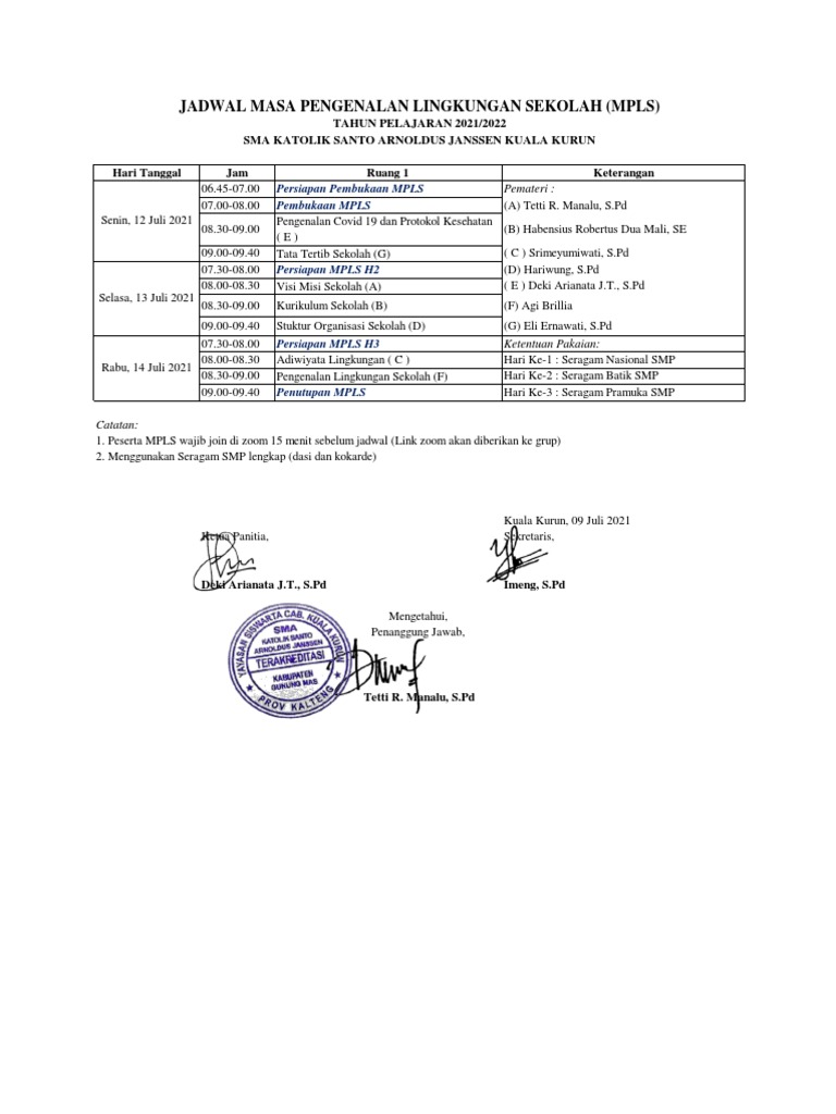 Jadwal MPLS SMA Katolik 2021 | PDF