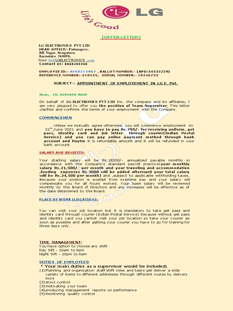 LG Offer Letter Raju | PDF | Payroll | Salary