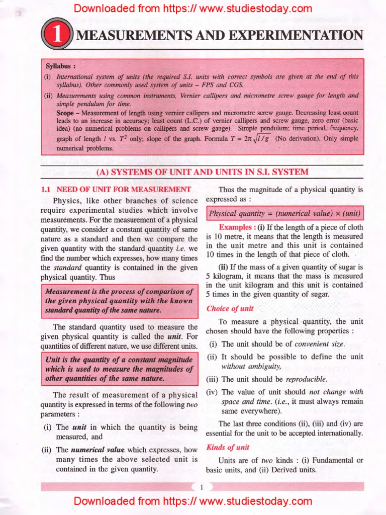 ICSE Class 9 Physics Chapter 01 Measurements and Experimentation | PDF