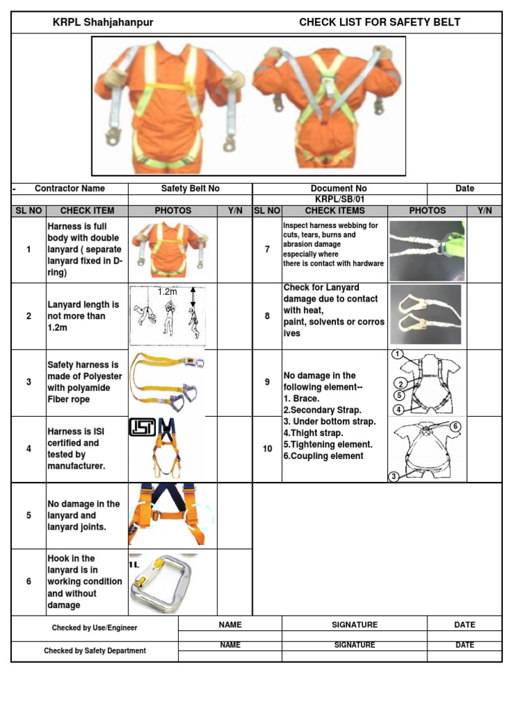 Safety Checklist of Safety Belt | PDF | Equipment | Manufactured Goods