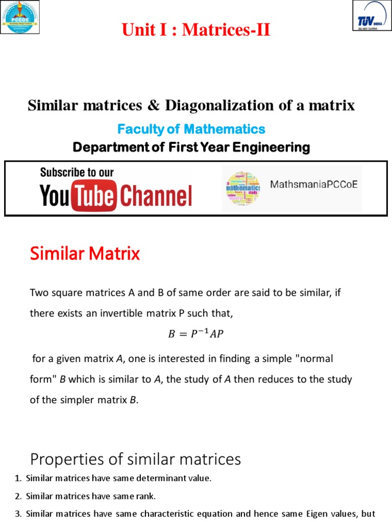Unit I: Matrices-II: Similar Matrices & Diagonalization of A Matrix | PDF | Eigenvalues And ...