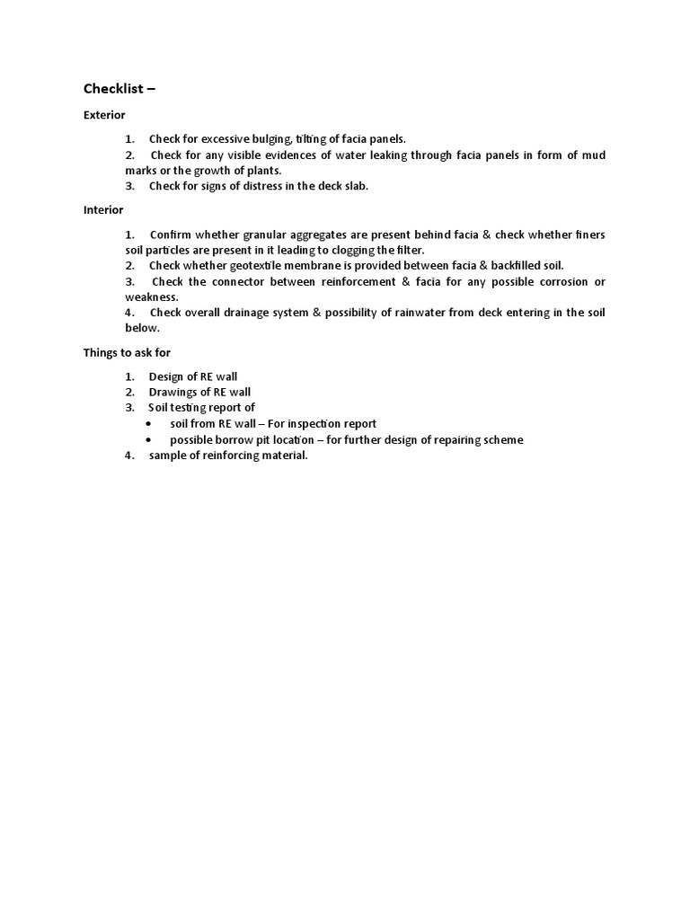 Retaining Wall Inspection Checklist | PDF