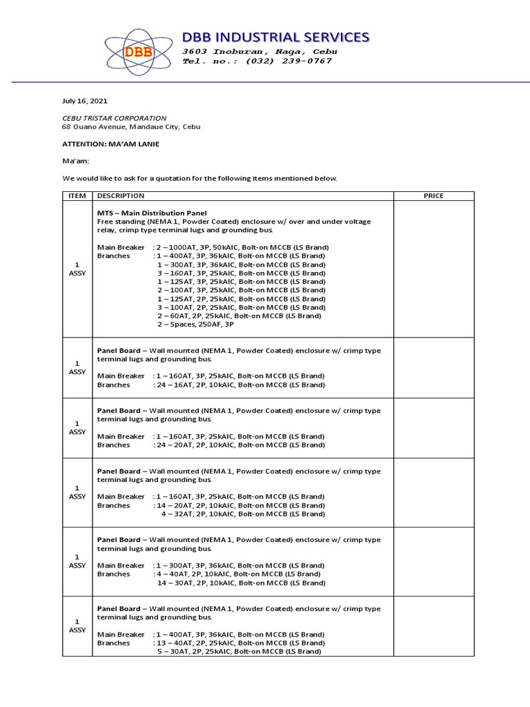 Quotation Request from DBB Industrial Services for Various Electrical ...