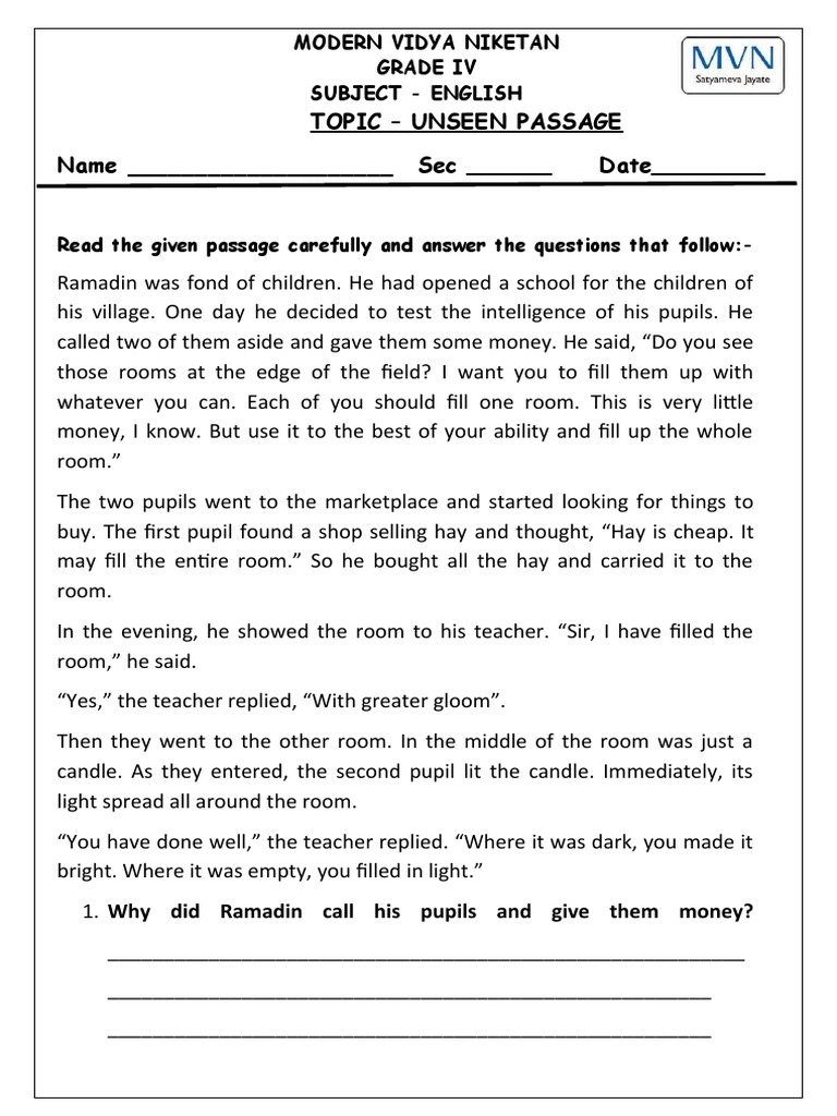 Unseen Passage For Grade 4 | PDF