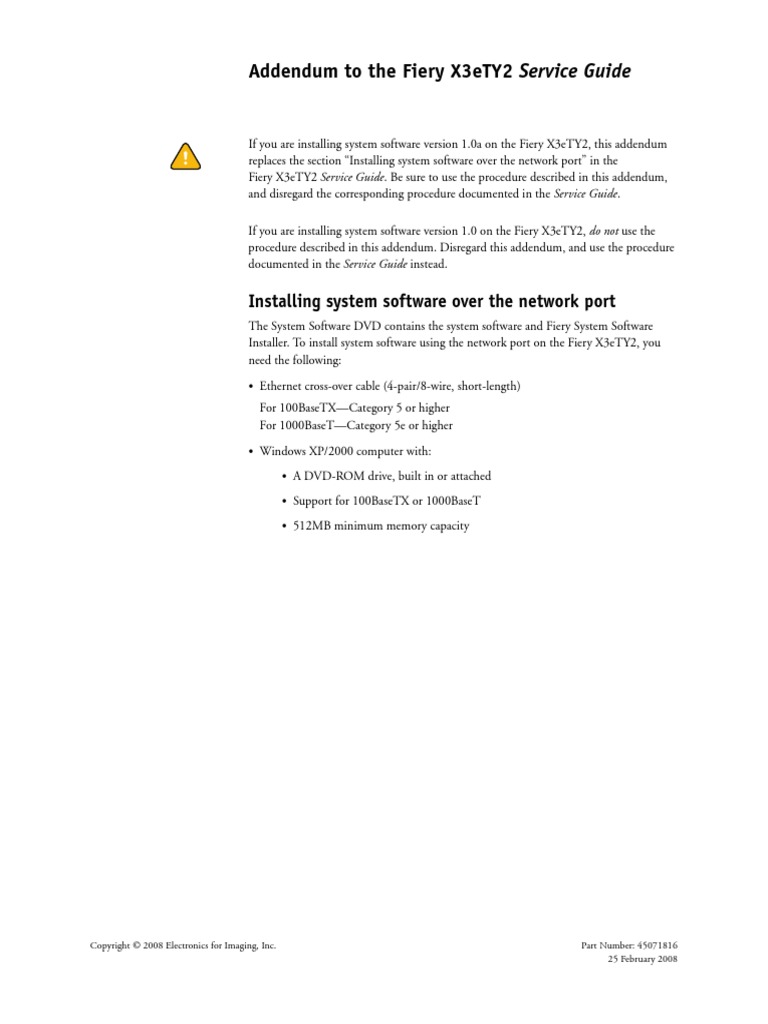 Addendum To The Fiery X3eTY2 Service Guide: Installing System Software Over The Network Port ...