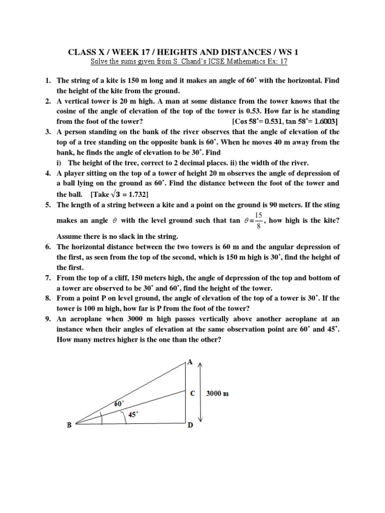 Class 10 Heights and Distances Worksheet | PDF | Trigonometry ...