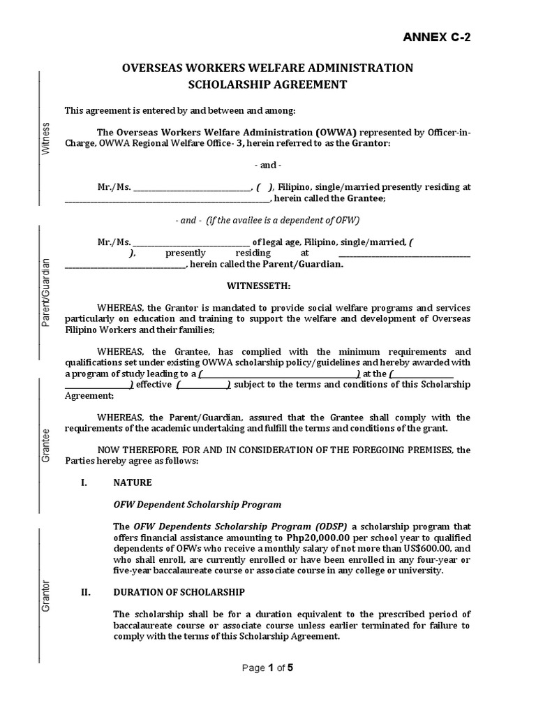 OWWA Scholarship Agreement Template | PDF | Government | Further Education