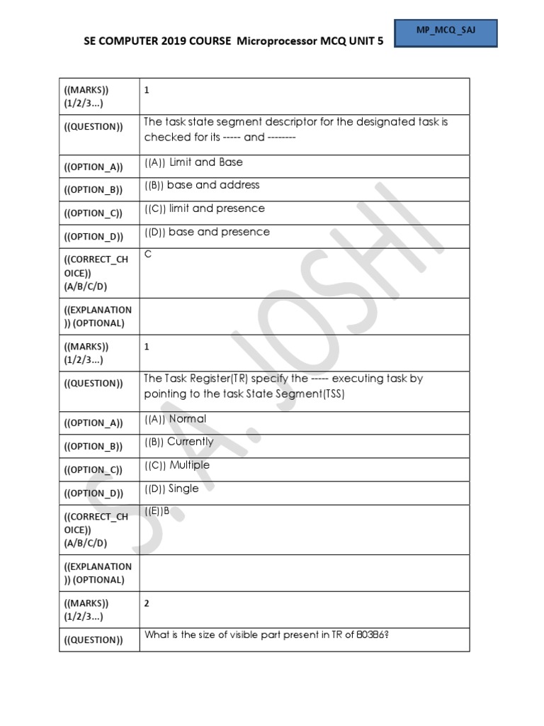 SE COMPUTER 2019 COURSE Microprocessor MCQ UNIT 5: Compiled by SAJ MP ...