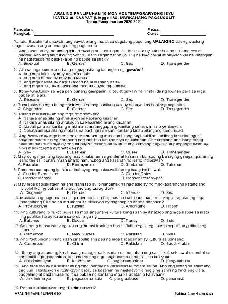 AP10 3rd 4th Week 12 Test | PDF