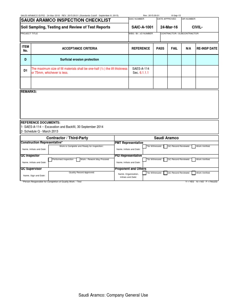Saudi Aramco Inspection Checklist: Soil Sampling, Testing and Review of ...