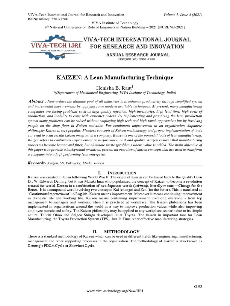 Kaizen A Lean Manufacturing Technique Pdf Quality Production And