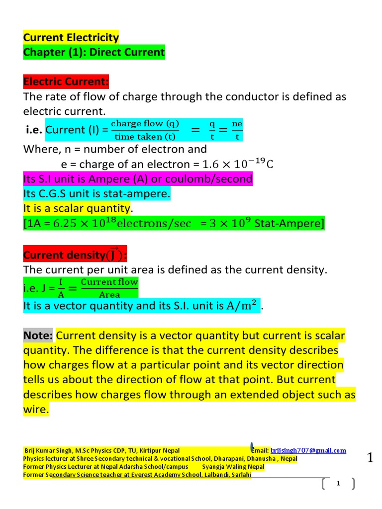 Current Electricity Chapter (1) : Direct Current Electric Current | PDF ...
