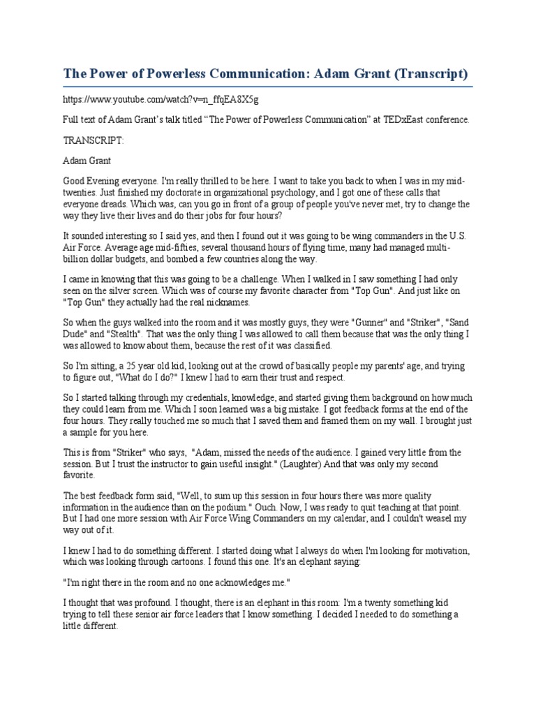 The Power of Powerless Communication - Adam Grant | PDF | Self Esteem ...