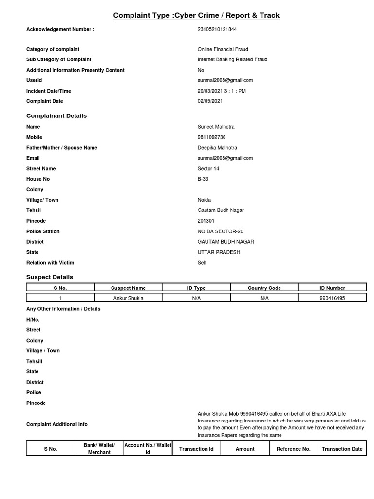 Complaint Type:Cyber Crime / Report & Track: Complainant Details | PDF ...