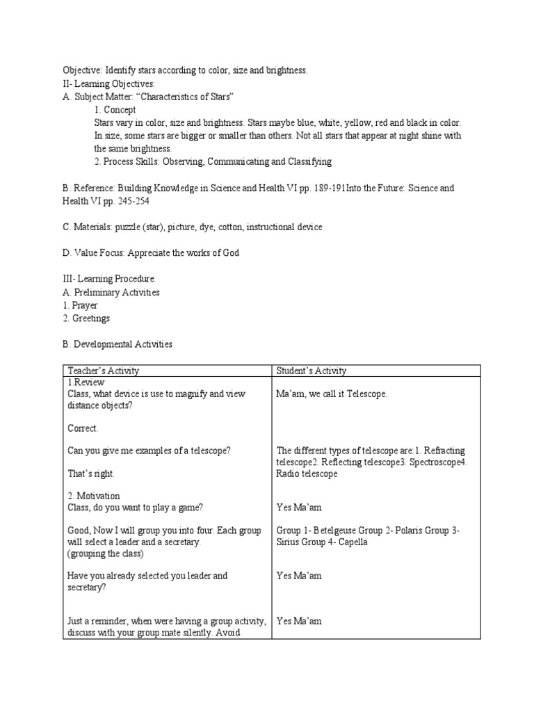 Characteristics of Stars Lesson Plan | PDF | Stars | Atmosphere Of Earth