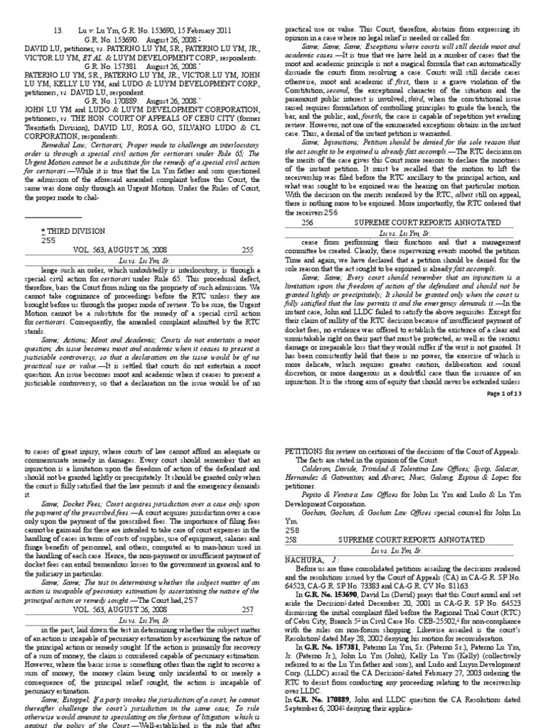 Lu v. Lu Ym, G.R. No. 153690, 15 February 2011 | PDF | Certiorari | Mootness