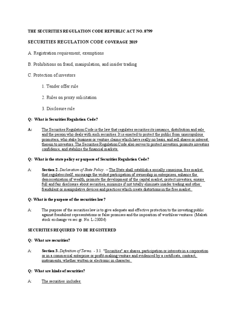 SECURITIES REGULATION CODE (My Own Reviewer | PDF | Insider Trading ...