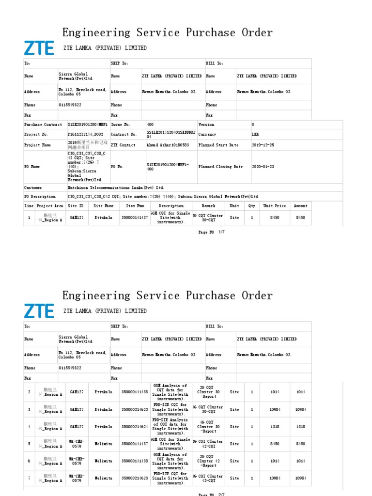 Engineering Service Purchase Order: Zte Lanka (Private) Limited | PDF ...