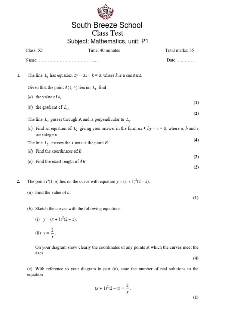 Pure Mathematics 1 Class Test | Download Free PDF | Equations ...