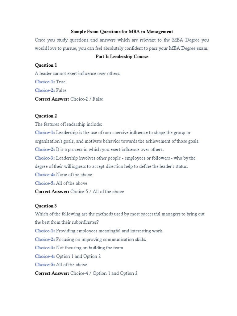 MBA Management Exam Sample Questions | PDF | Leadership | Sales