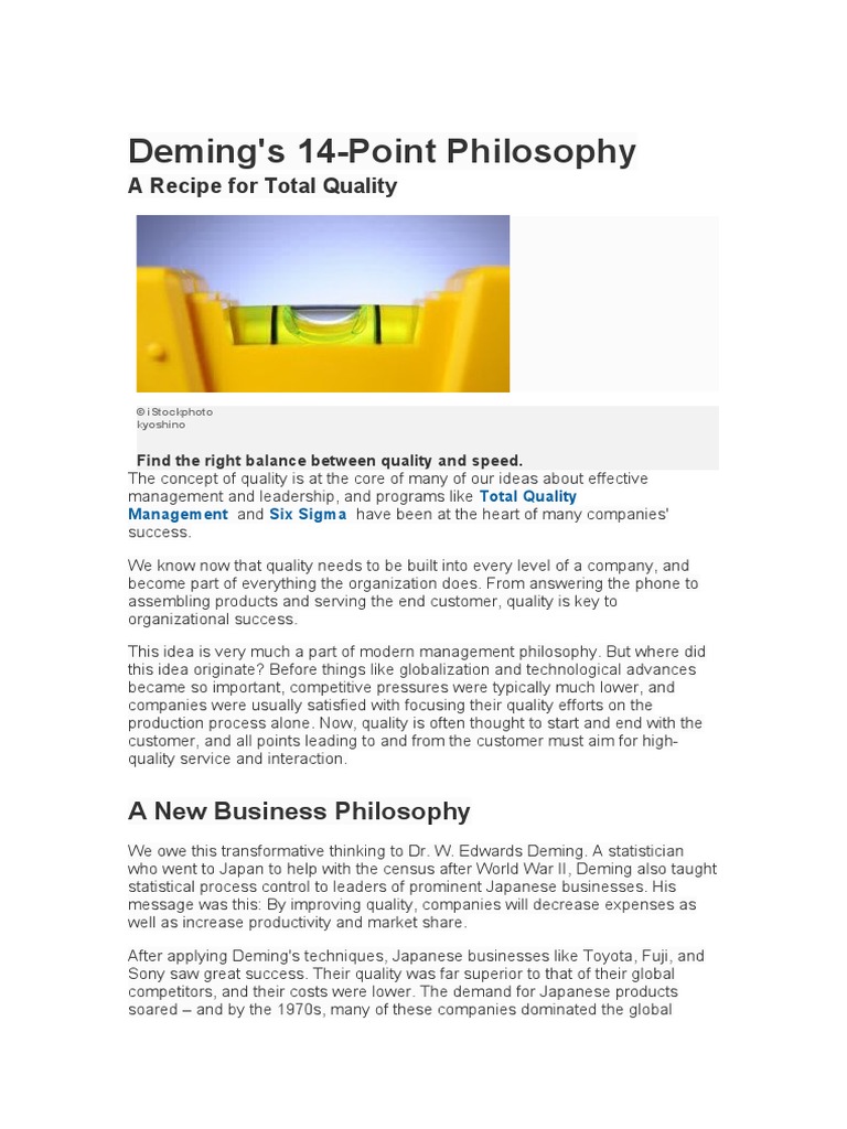 Deming's 14-Point Philosophy: A Recipe For Total Quality | PDF ...