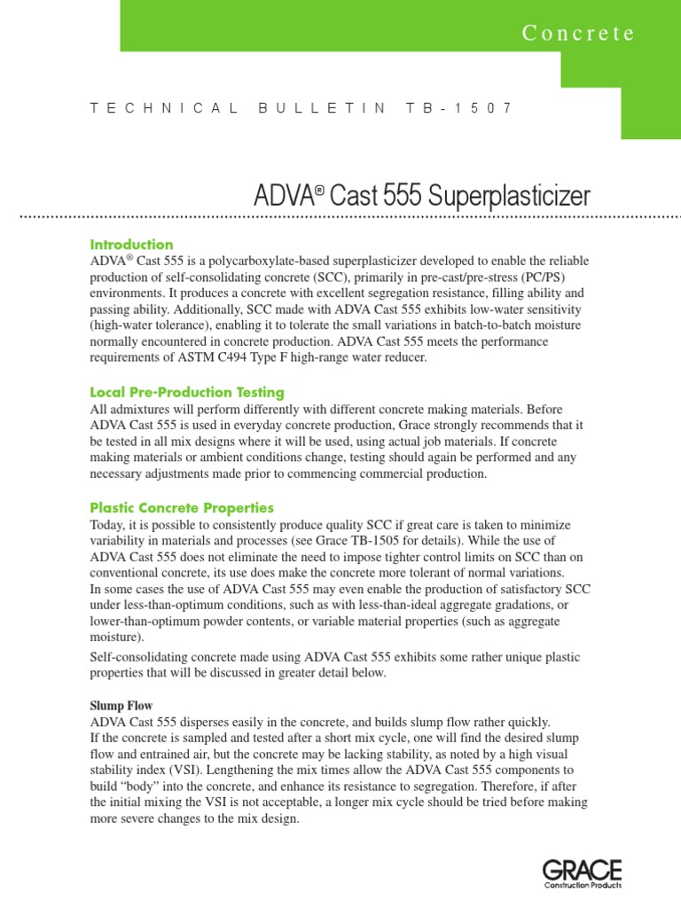 Adva Cast 555 Superplasticizer: Concrete | PDF | Concrete | Structural ...