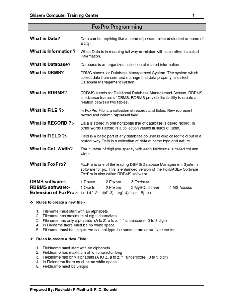 Foxpro Programming: What Is Data? | Descargar gratis PDF | Relational Database | Array Data ...