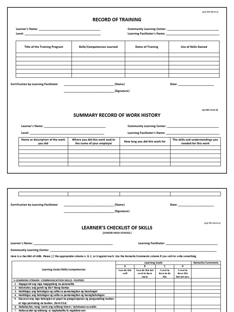 ALS RPL Forms and Competency Checklist | PDF | Verb | Adverb
