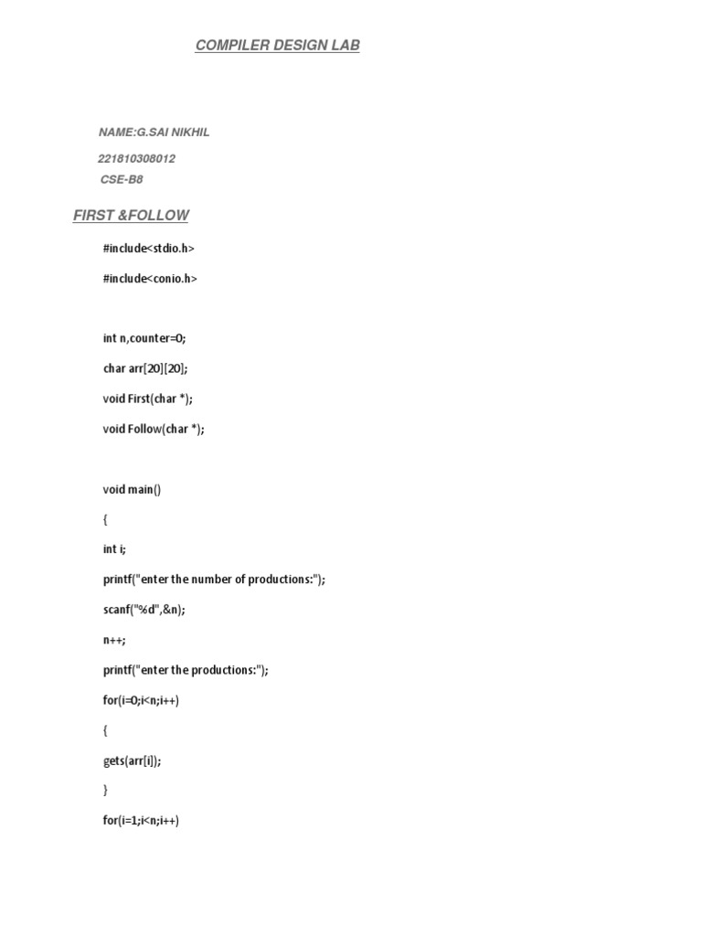 First & Follow: Compiler Design Lab | PDF