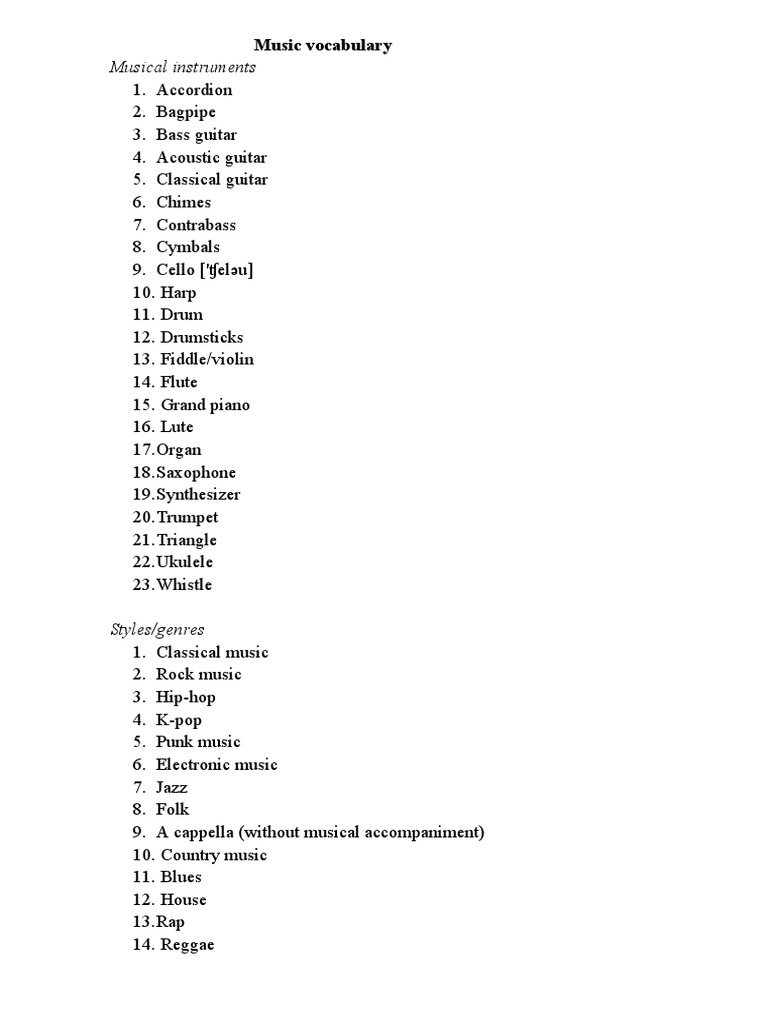 Musical Instruments: Music Vocabulary | PDF