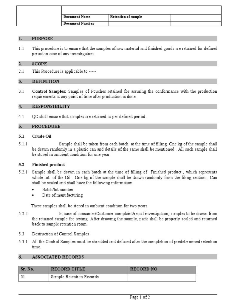 Purpose: Document Name Retention of Sample Document Number | PDF
