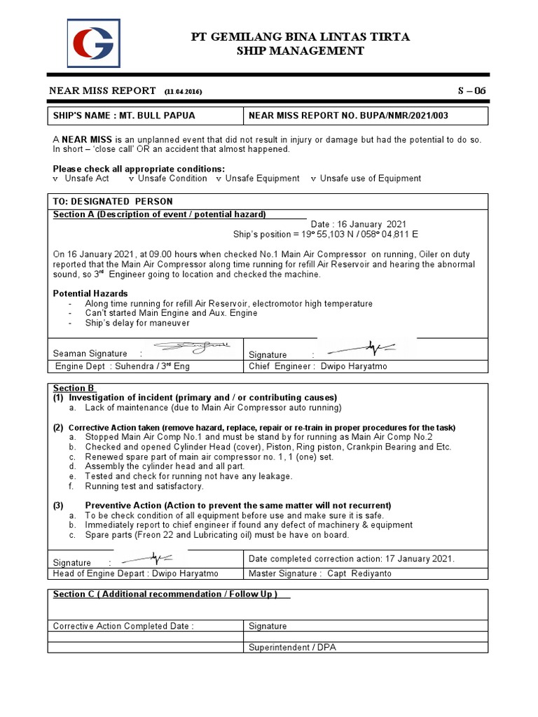 PT Gemilang Bina Lintas Tirta Ship Management: Near Miss Report S - 06 ...