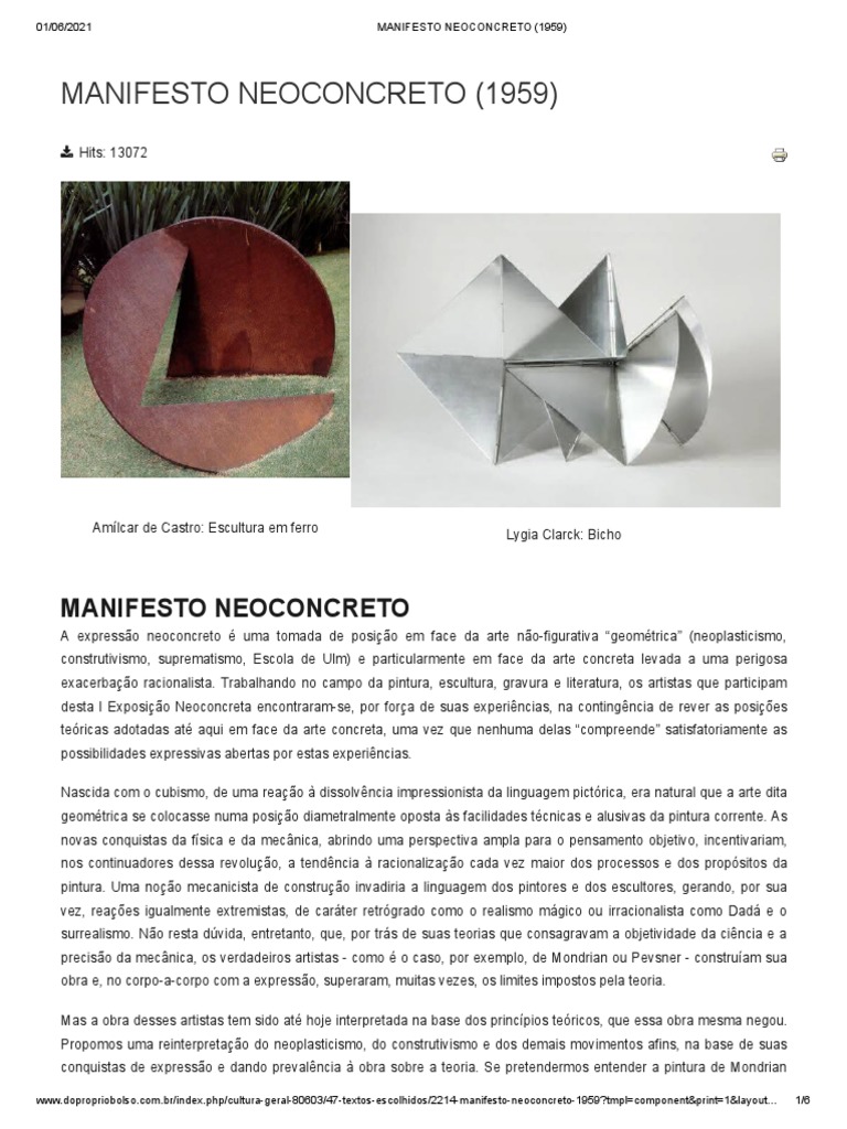 Manifesto Neoconcreto (1959) | PDF | Poesia | Pinturas