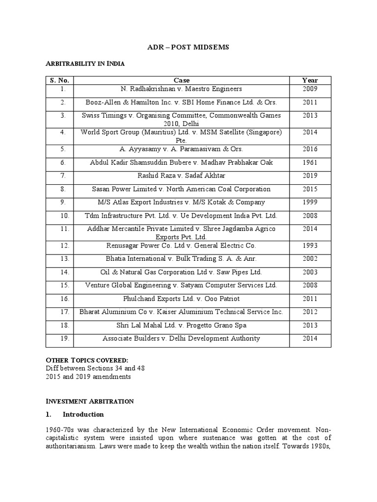 Adr - Post Midsems A I S. No. Case Year: Rbitrability IN Ndia ...