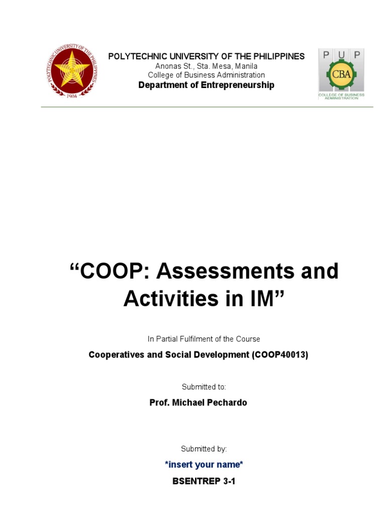 "COOP: Assessments and Activities in IM": Department of Entrepreneurship | PDF | Cooperative ...