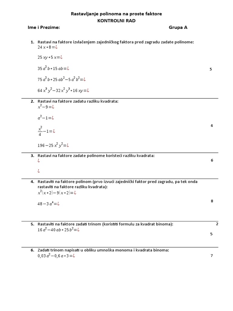 Rastavljanje Polinoma KONTROLNI | PDF