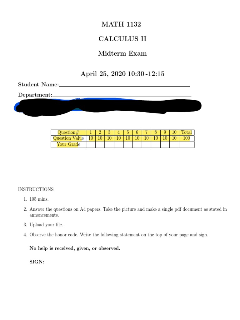 MATH 1132 Calculus Ii Midterm Exam: Student Name: Department | PDF ...