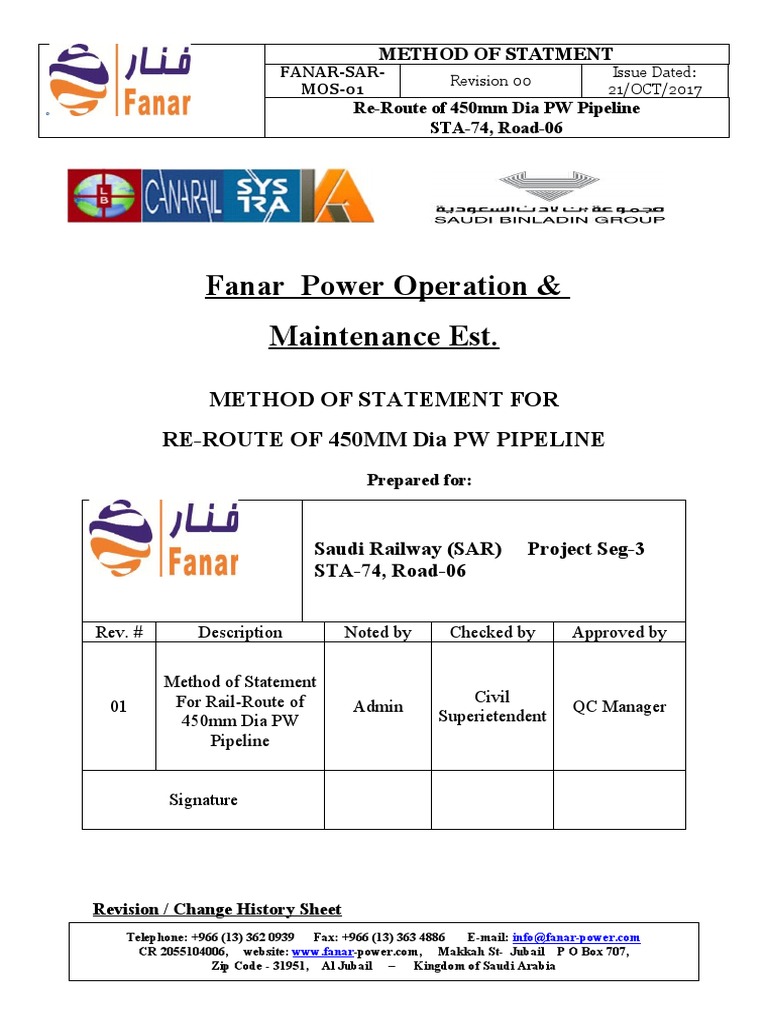 Method of Statement RT R Pipe 450 MM Dia PW Installation Saudi Binladin ...