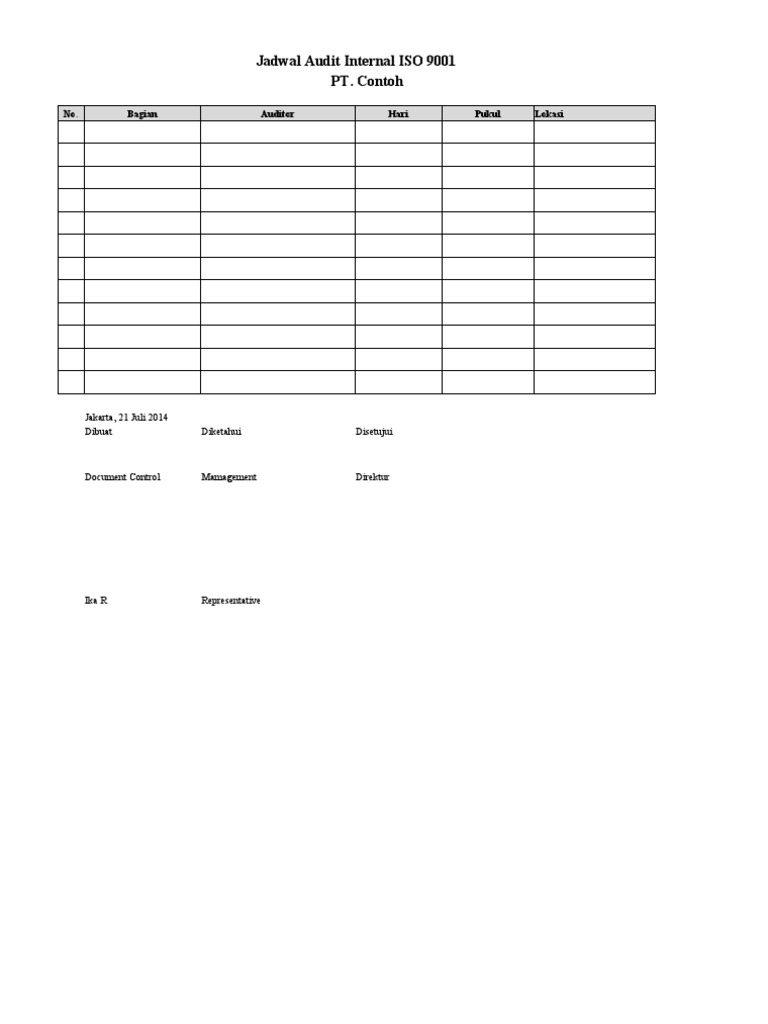Jadwal Audit Internal ISO 9001 PT. Contoh untuk Periode Juli 2014 | PDF
