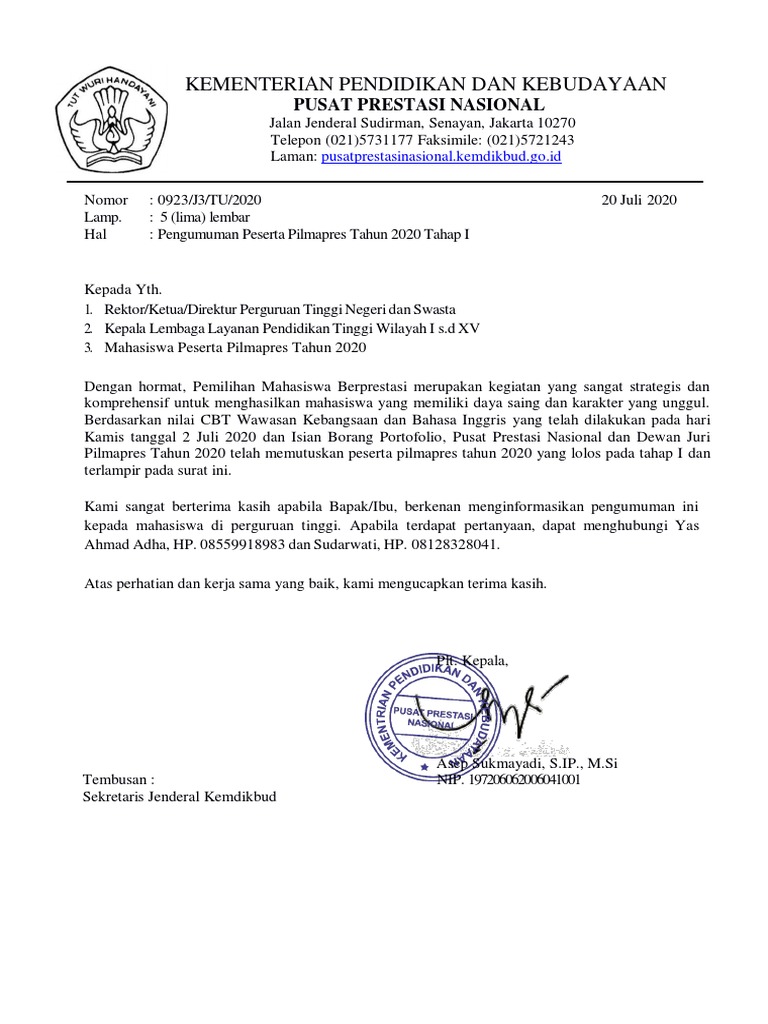 Surat Dan Lampiran Peserta Lolos Tahap 1 20200721 | PDF