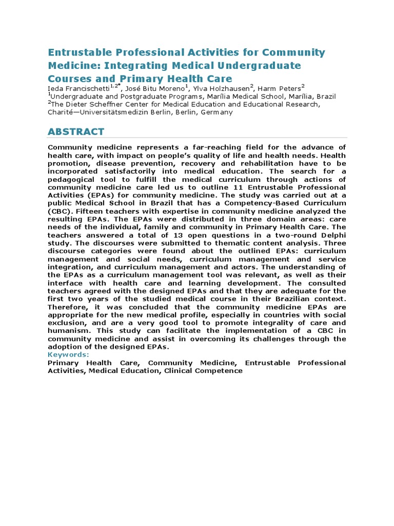 Entrustable Professional Activities For Community Medicine Integrating ...