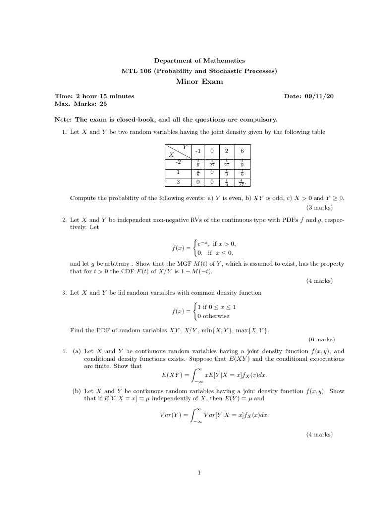 Minor Exam | PDF | Probability Density Function | Random Variable